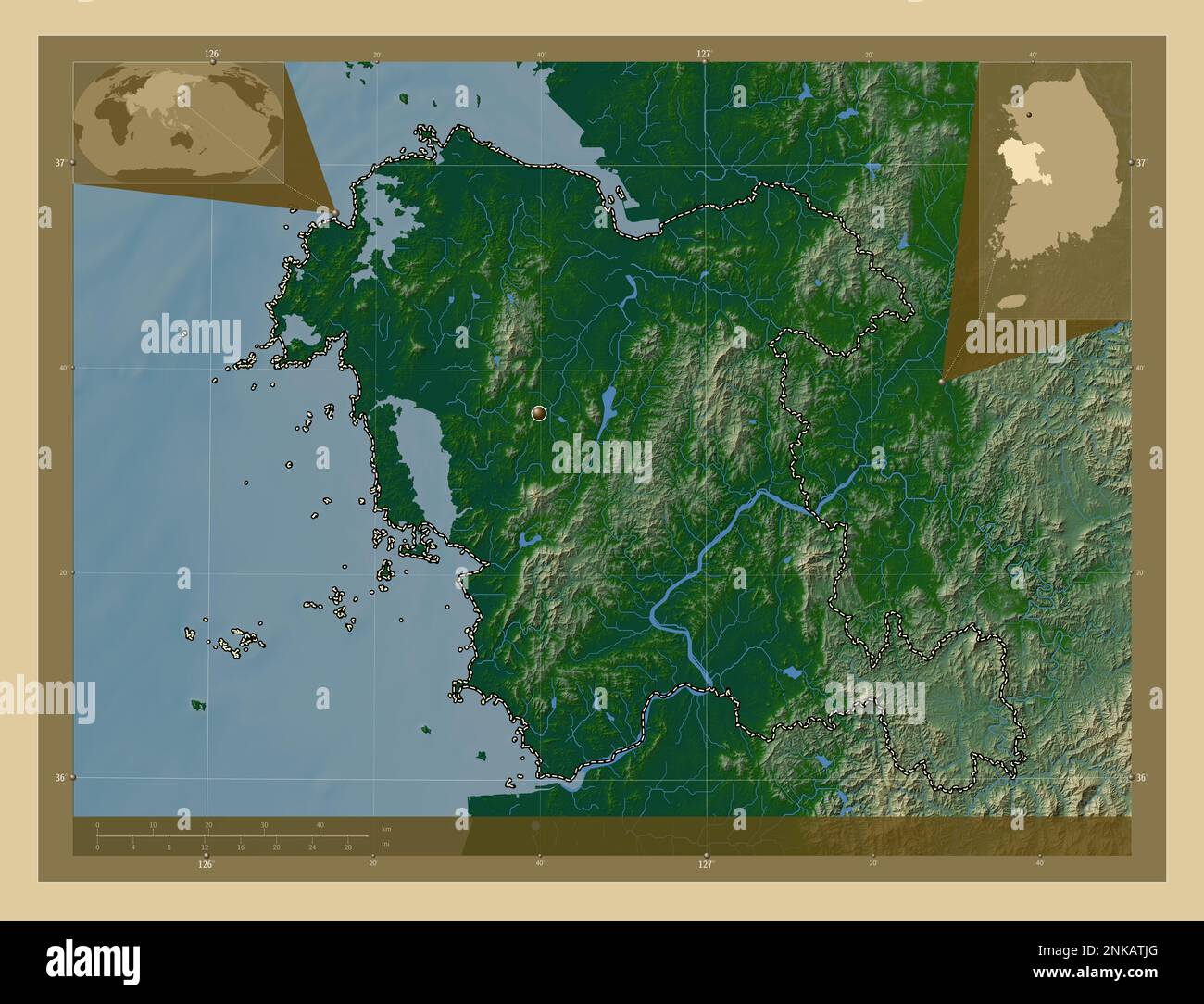 Chungcheongnam-do, province of South Korea. Colored elevation map with ...