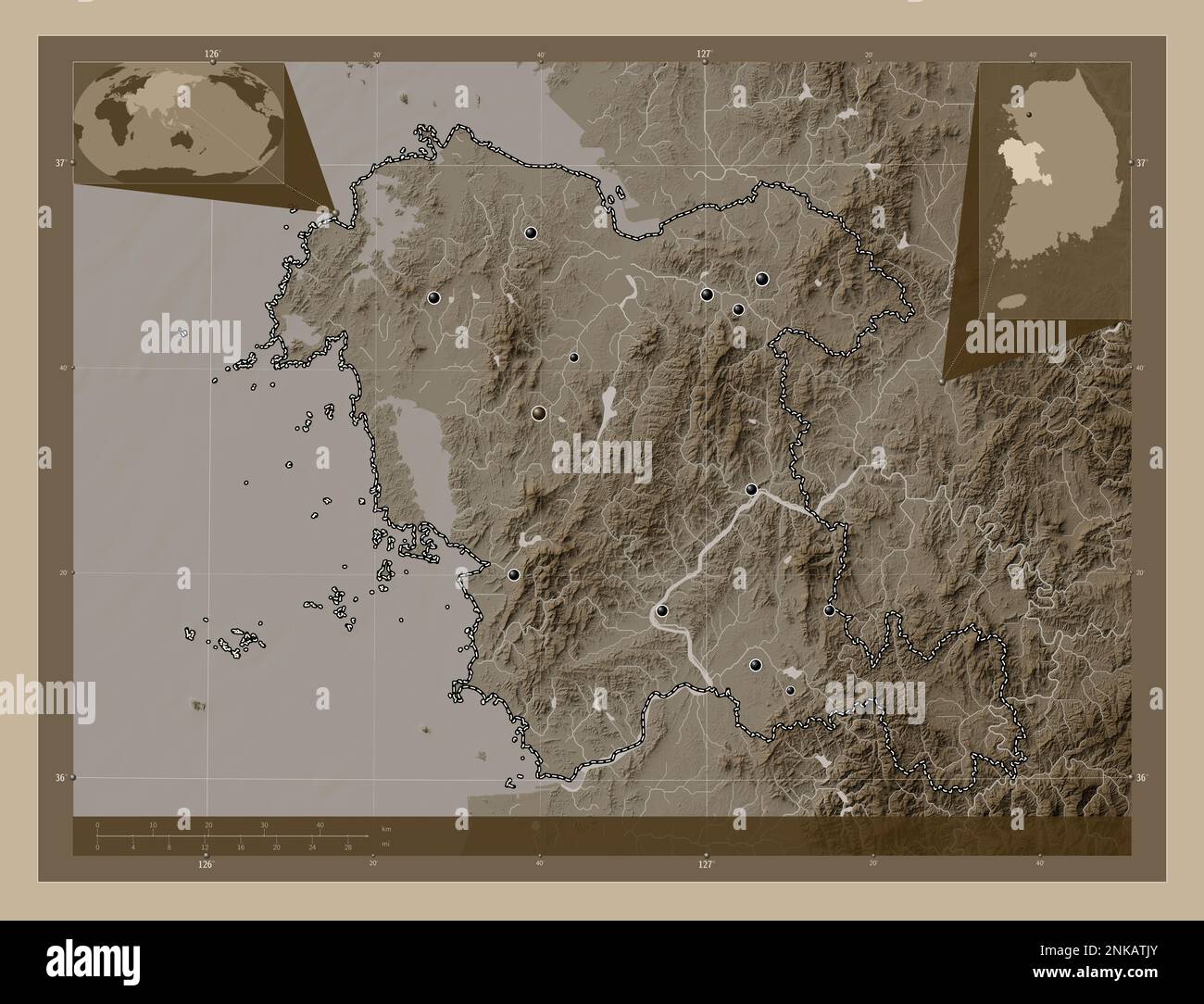 Chungcheongnam-do, province of South Korea. Elevation map colored in ...