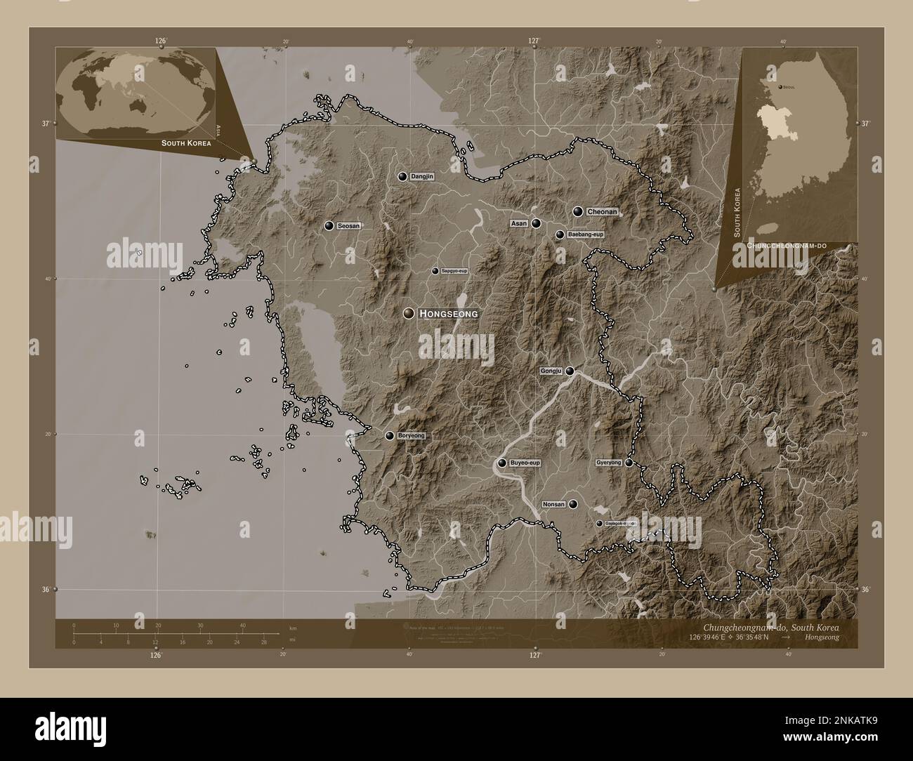 Chungcheongnam-do, province of South Korea. Elevation map colored in ...