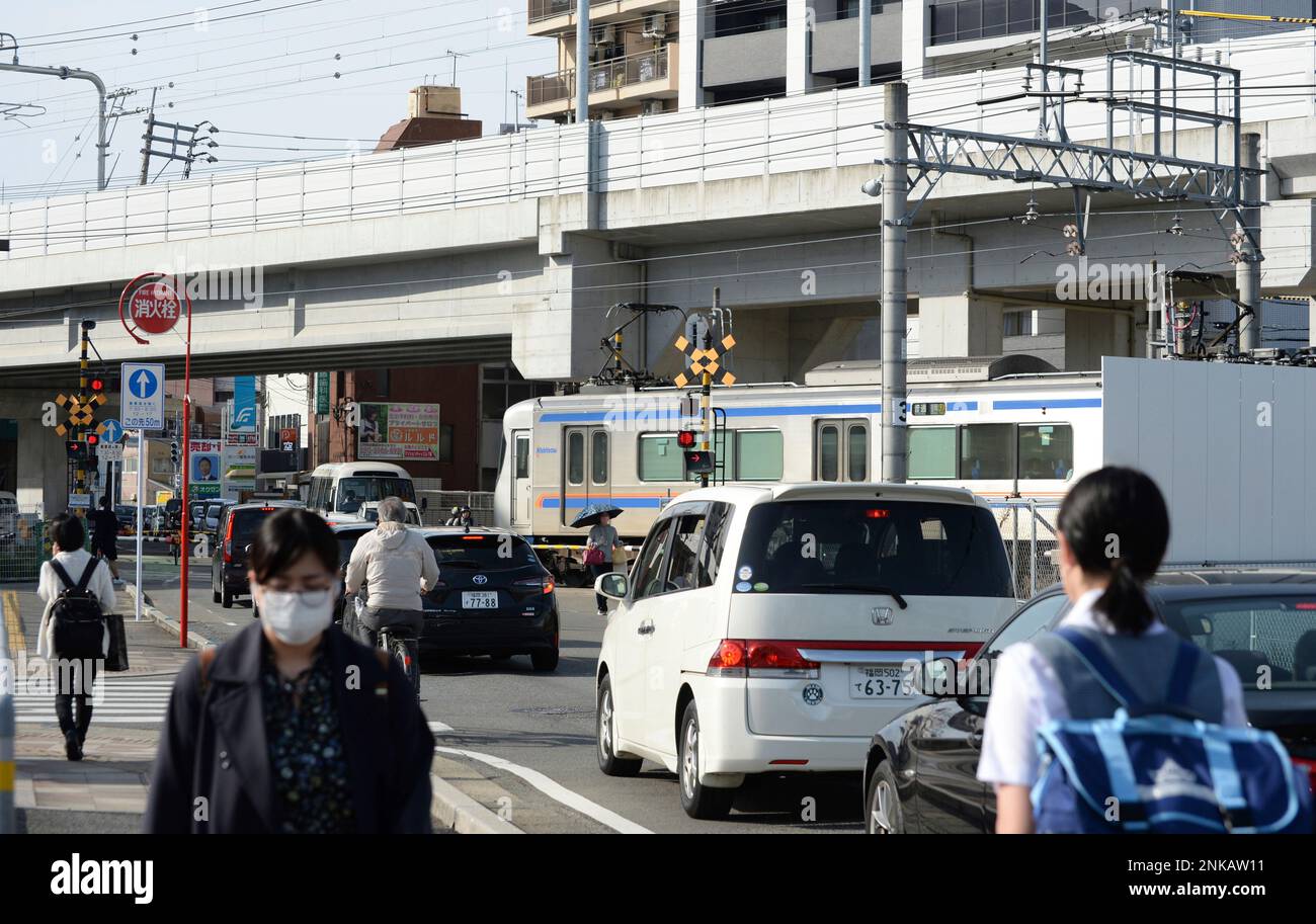 A train of Nishi-Nippon Railroad Co., Ltd. runs in Onojo City, Fukuoka ...