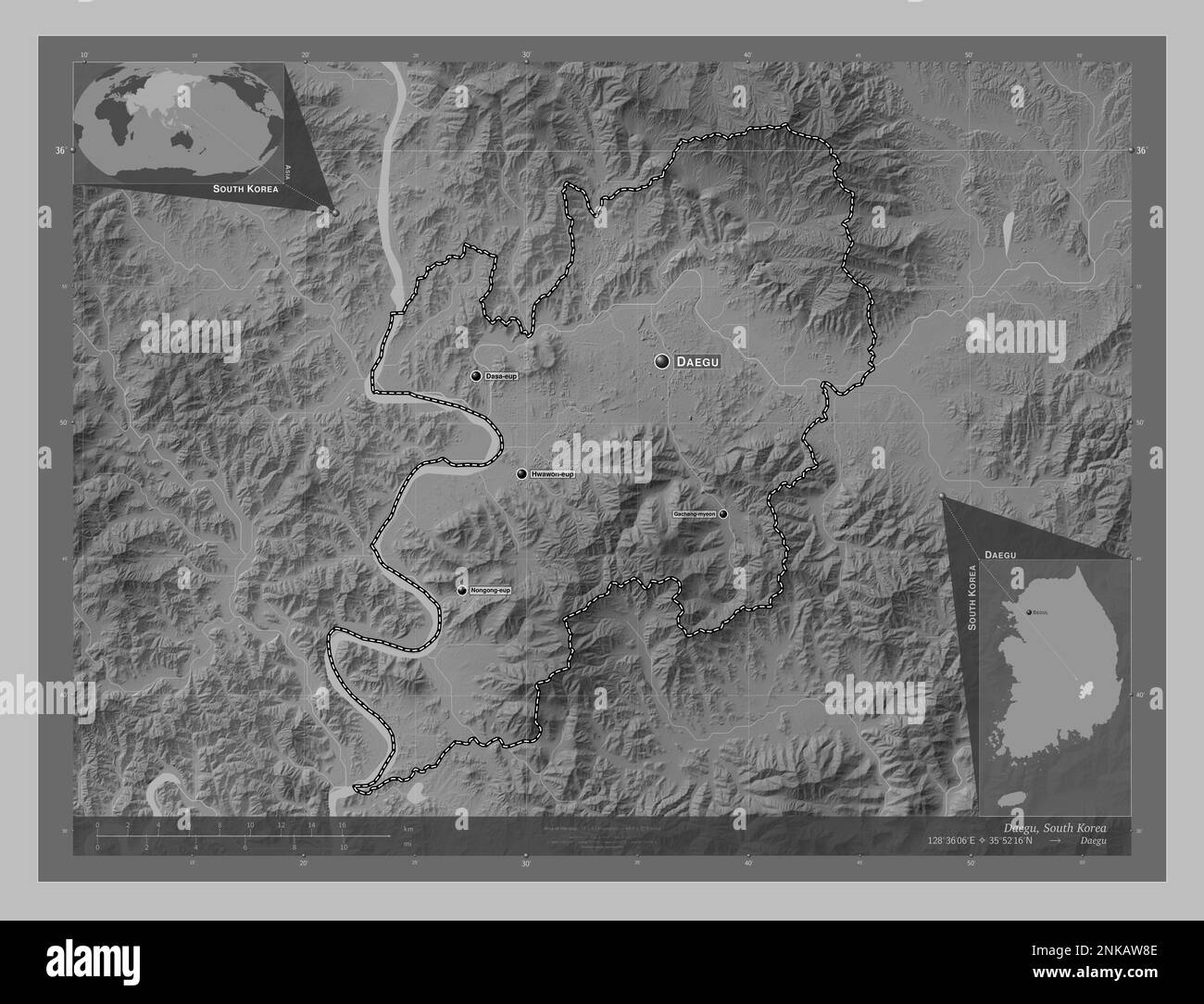 Daegu, metropolitan city of South Korea. Grayscale elevation map with ...