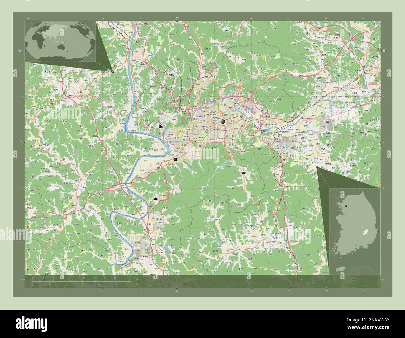 Daegu, metropolitan city of South Korea. Open Street Map. Locations of ...