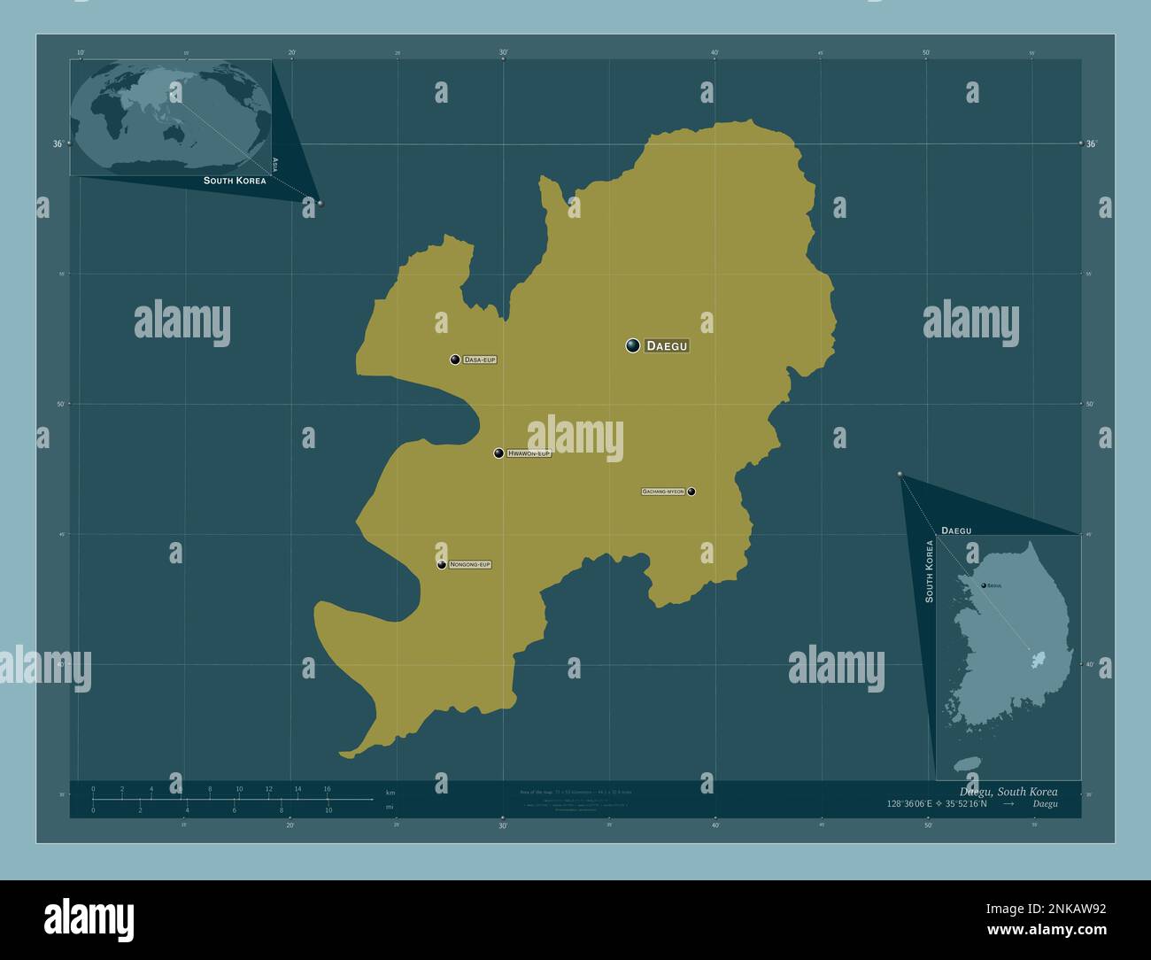 Daegu, metropolitan city of South Korea. Solid color shape. Locations ...