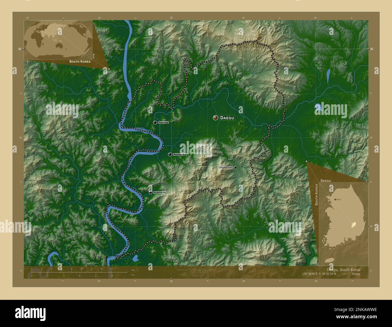 Daegu, metropolitan city of South Korea. Colored elevation map with ...