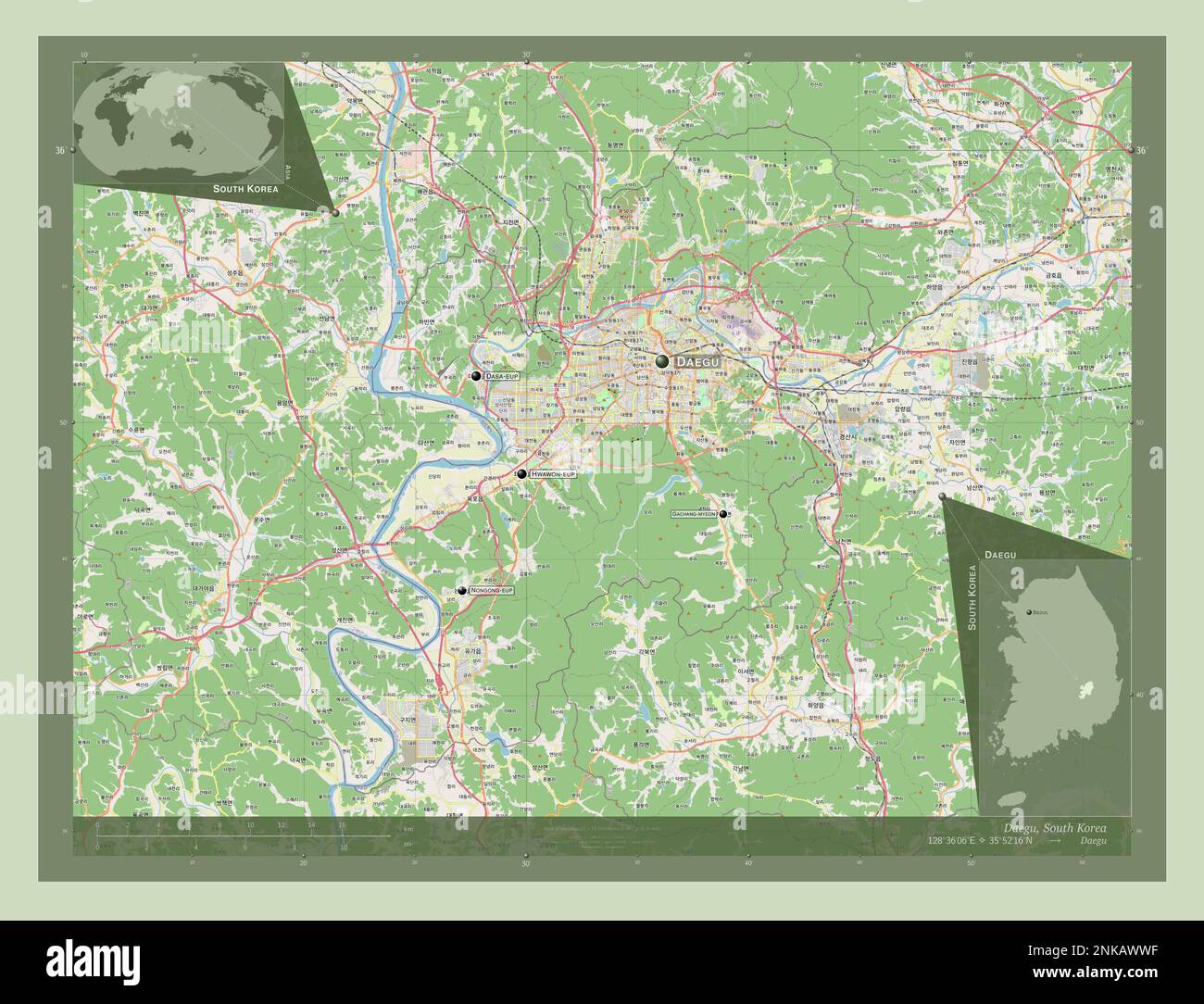 Daegu, metropolitan city of South Korea. Open Street Map. Locations and ...