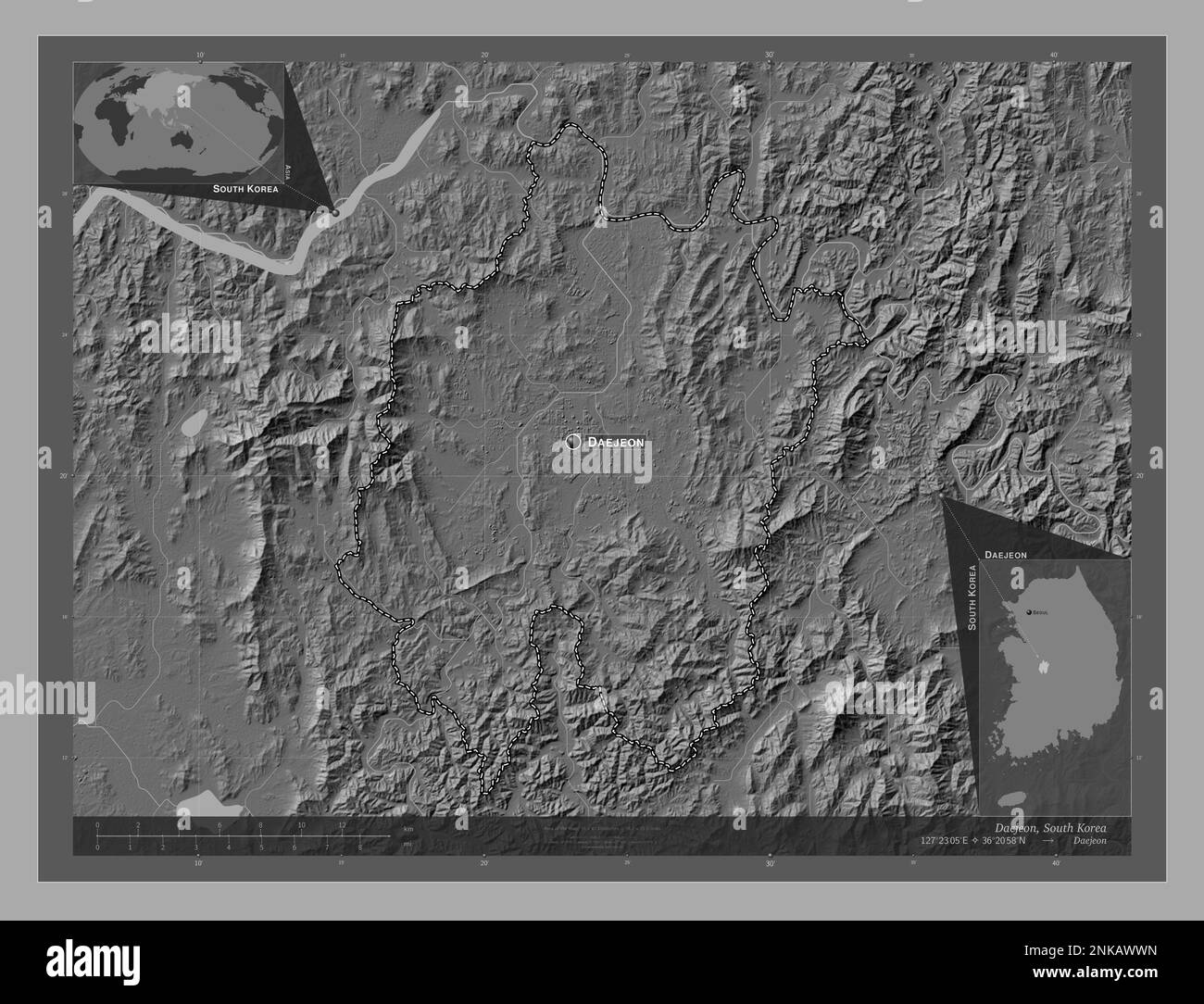 Daejeon, metropolitan city of South Korea. Bilevel elevation map with ...