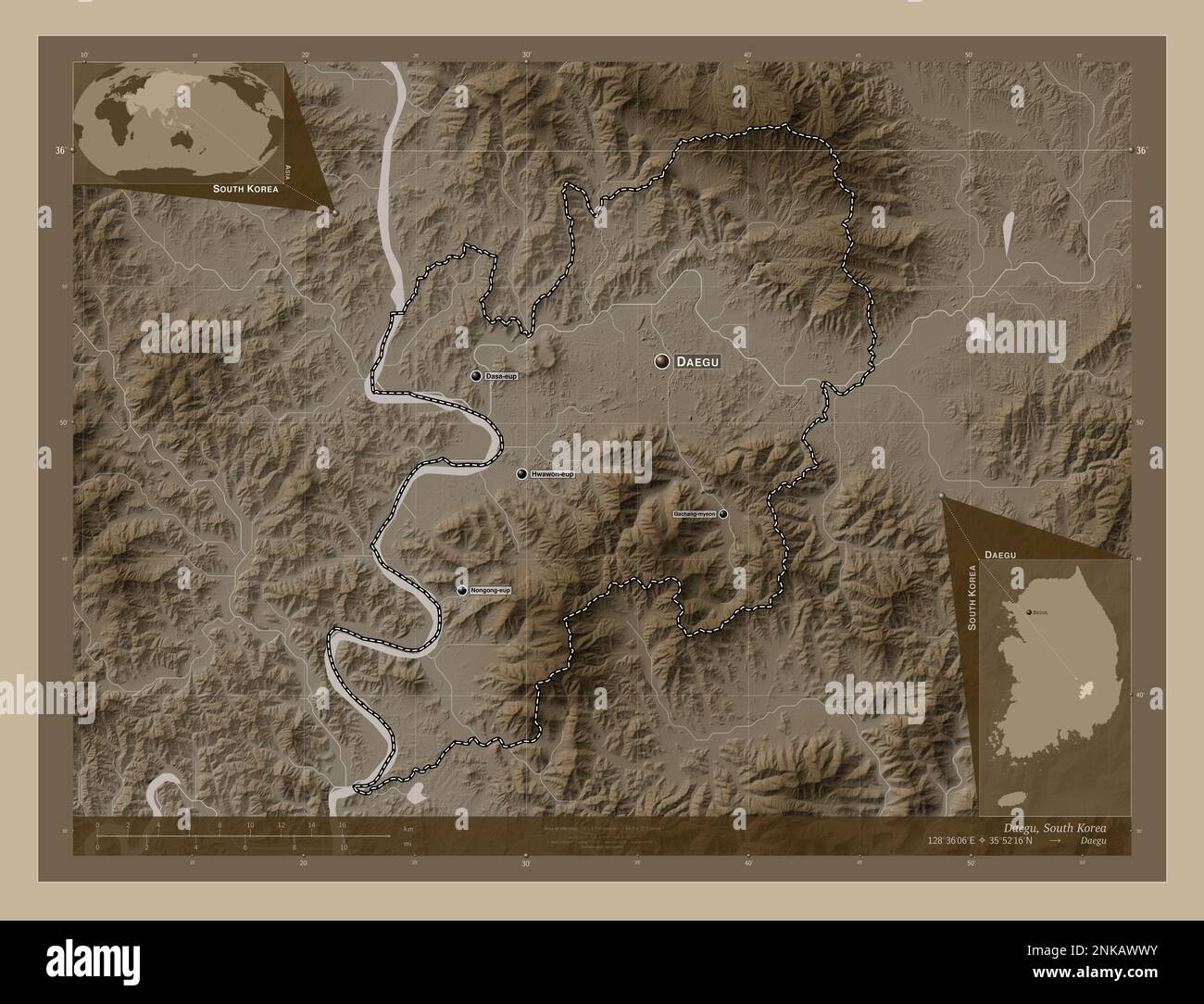Daegu, metropolitan city of South Korea. Elevation map colored in sepia ...