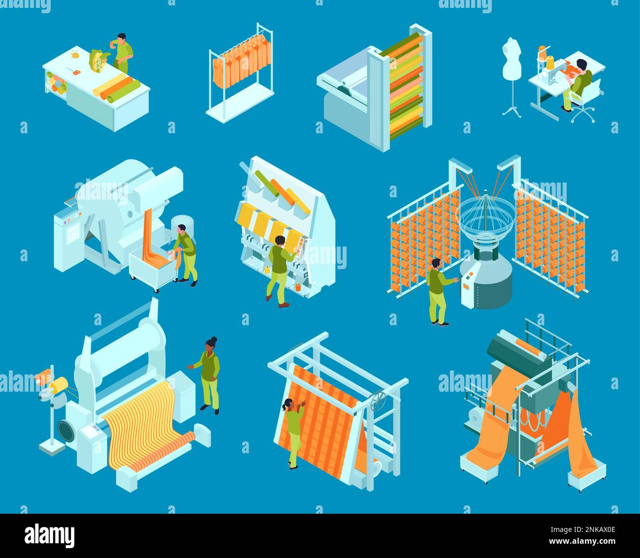 Isometric textile industry color set of isolated compositions with ...