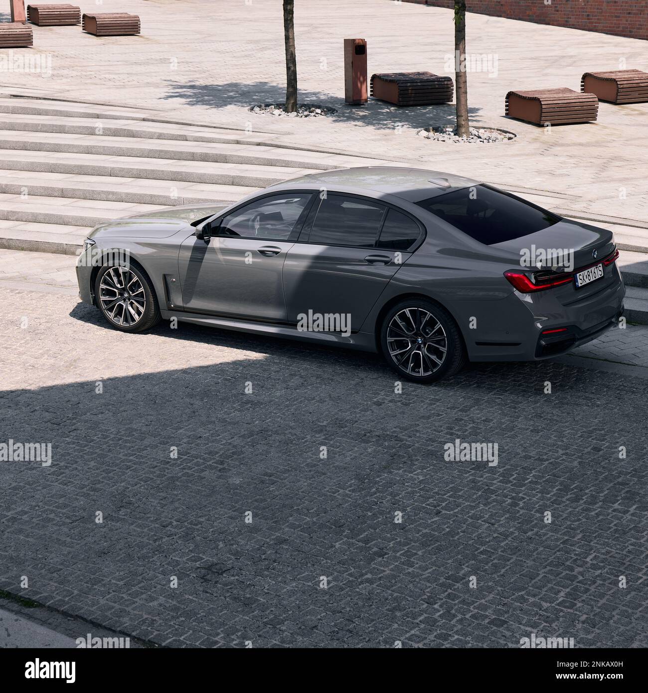 Grey BMW 740D xDrive in front of the NOSPR concert hall G12 model, 340 ...