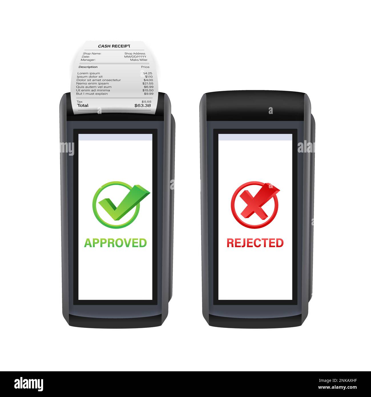 POS Terminal, Paper Receipt. Approved, Rejected Payment. NFC Payments ...