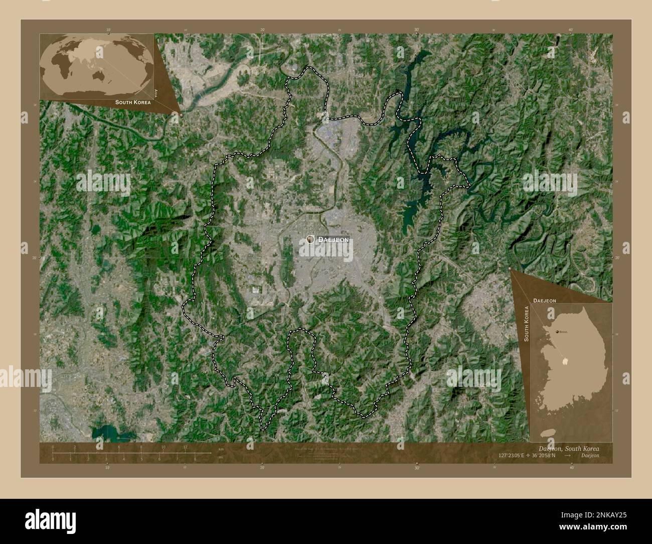 Daejeon, metropolitan city of South Korea. Low resolution satellite map ...
