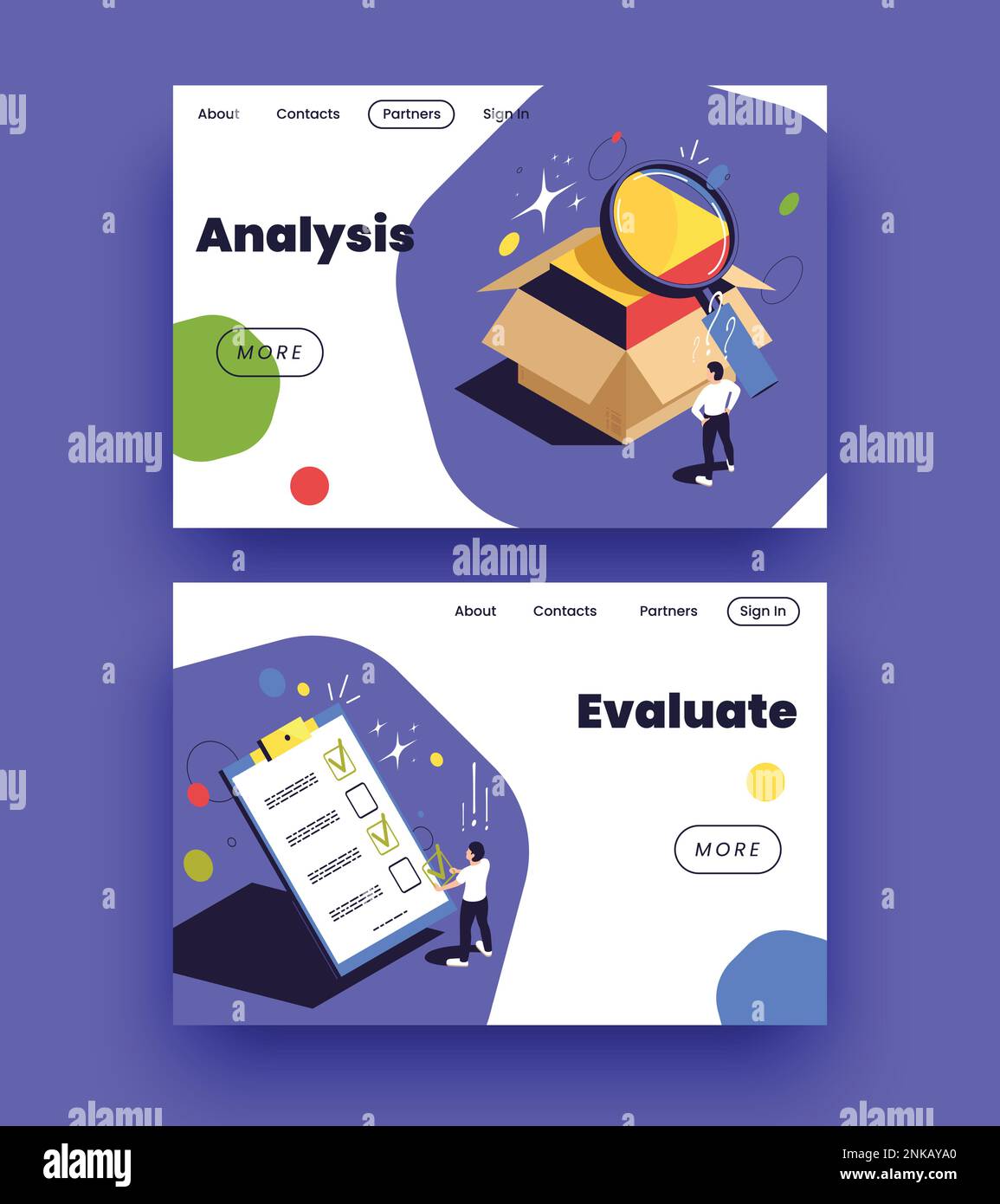 Product quality control isometric landing pages with information about ...