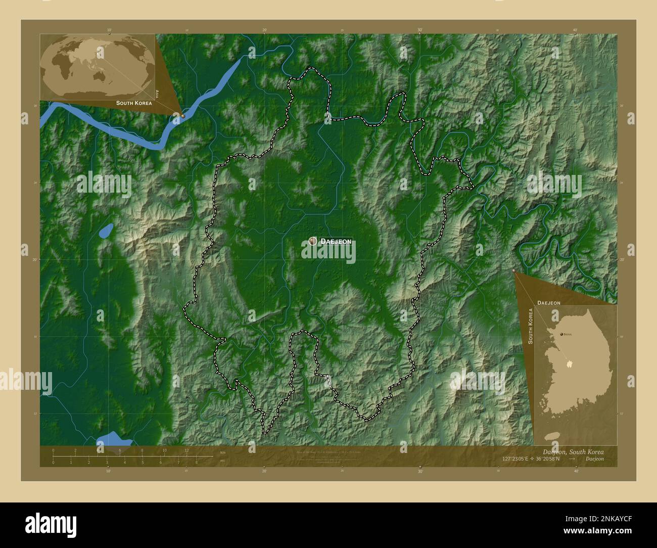 Daejeon, metropolitan city of South Korea. Colored elevation map with ...