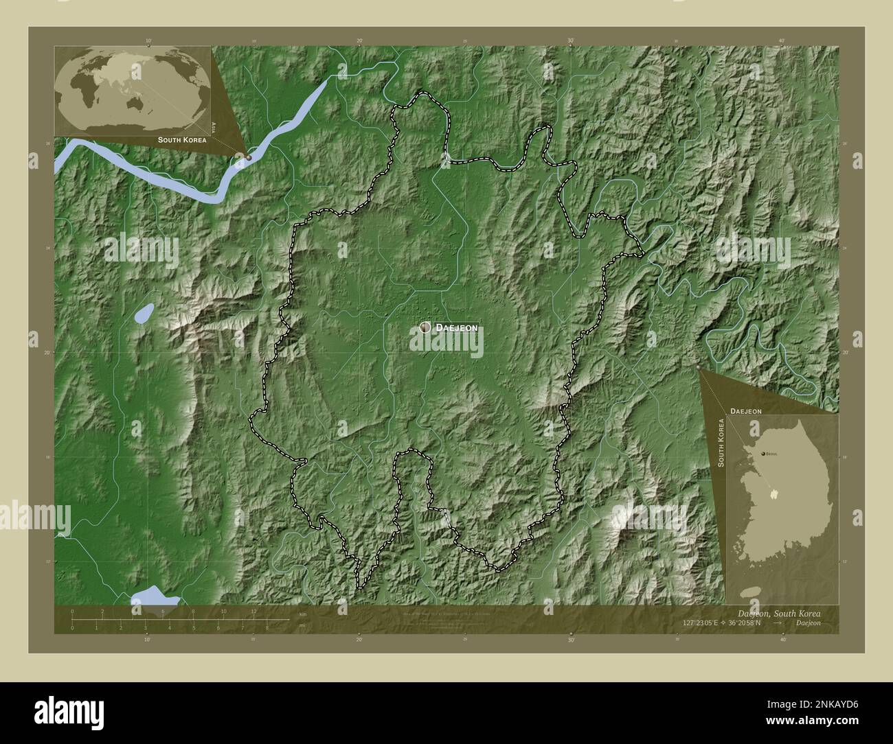 Daejeon, metropolitan city of South Korea. Elevation map colored in ...