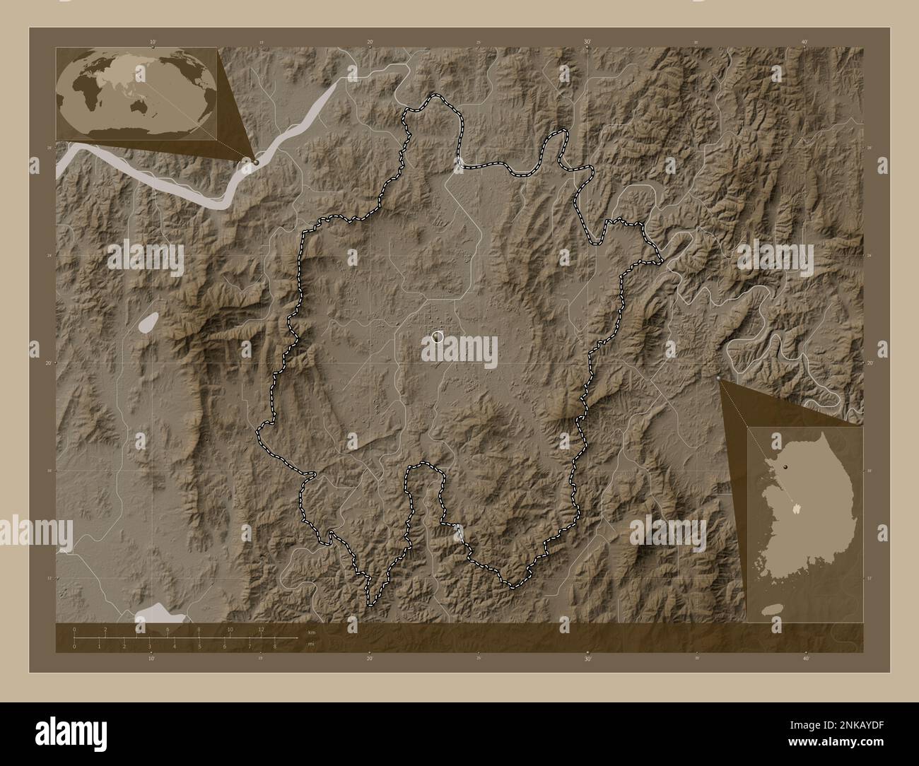 Daejeon, metropolitan city of South Korea. Elevation map colored in ...