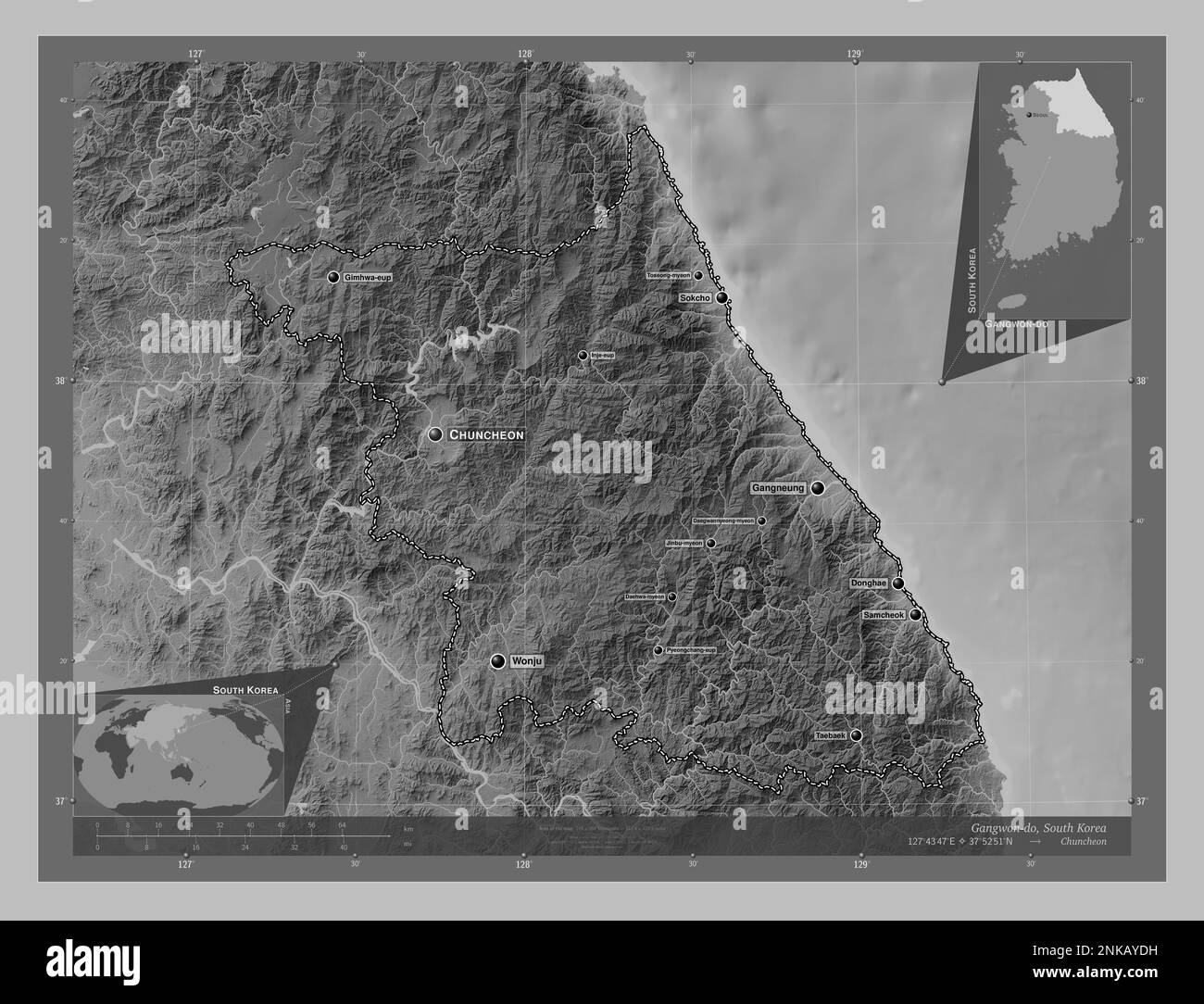 Gangwon-do, province of South Korea. Grayscale elevation map with lakes ...