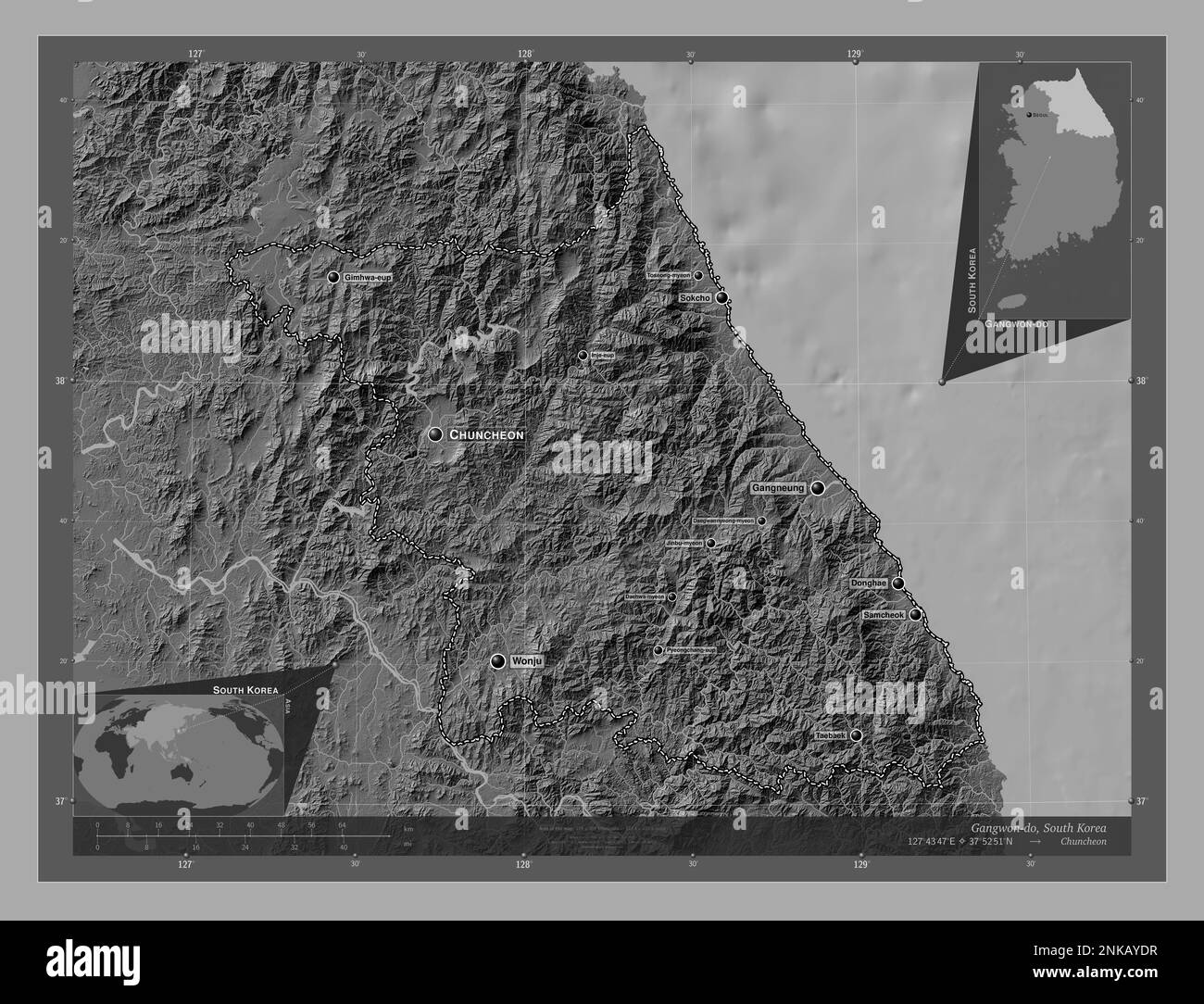 Gangwon-do, province of South Korea. Bilevel elevation map with lakes ...