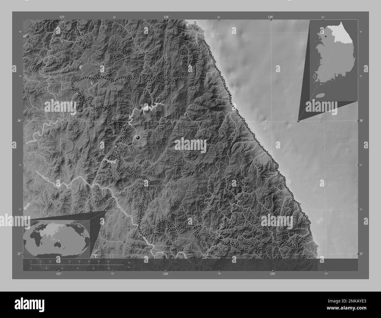 Gangwon-do, province of South Korea. Grayscale elevation map with lakes ...