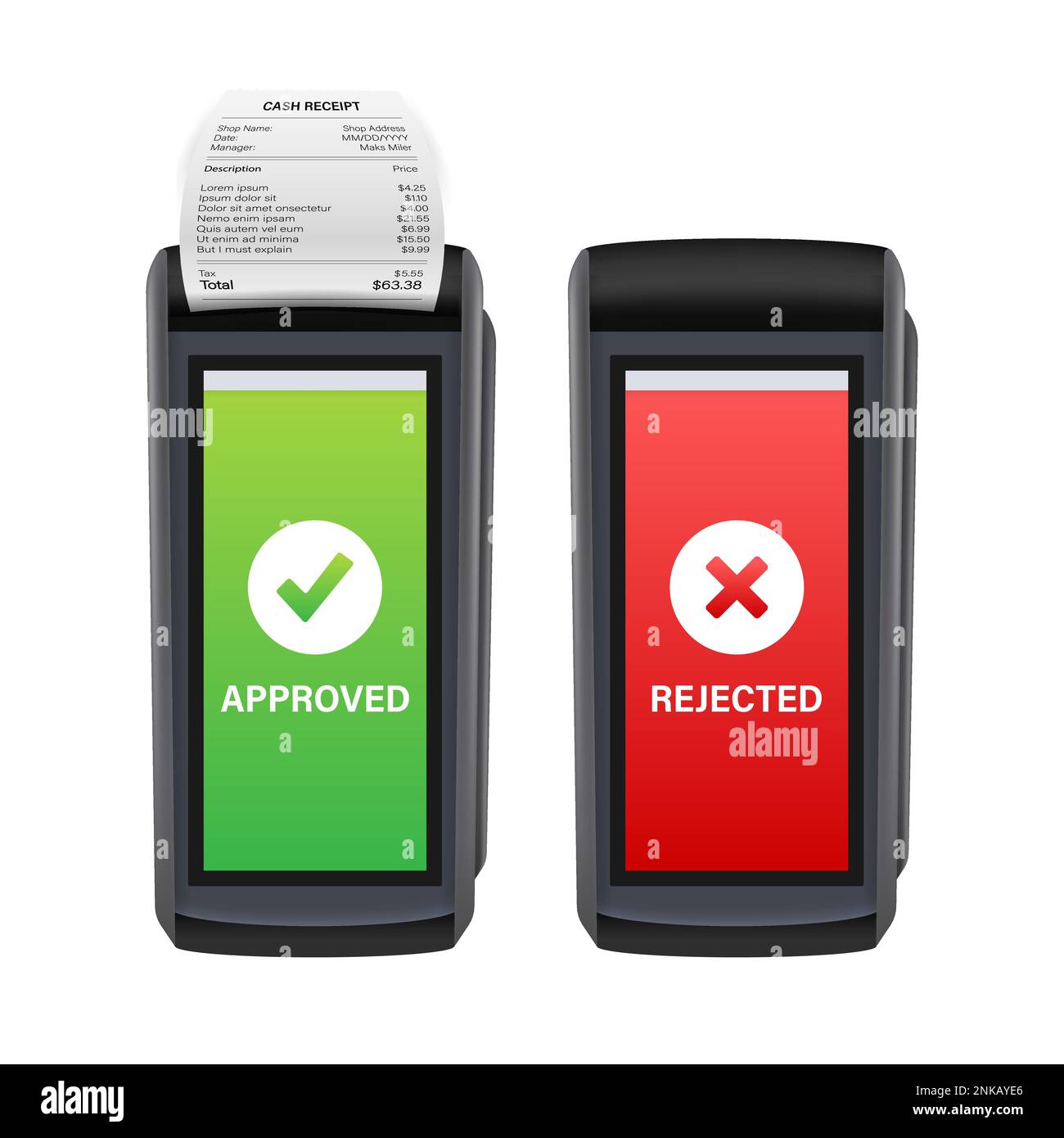 POS Terminal, Paper Receipt. Approved, Rejected Payment. NFC Payments ...
