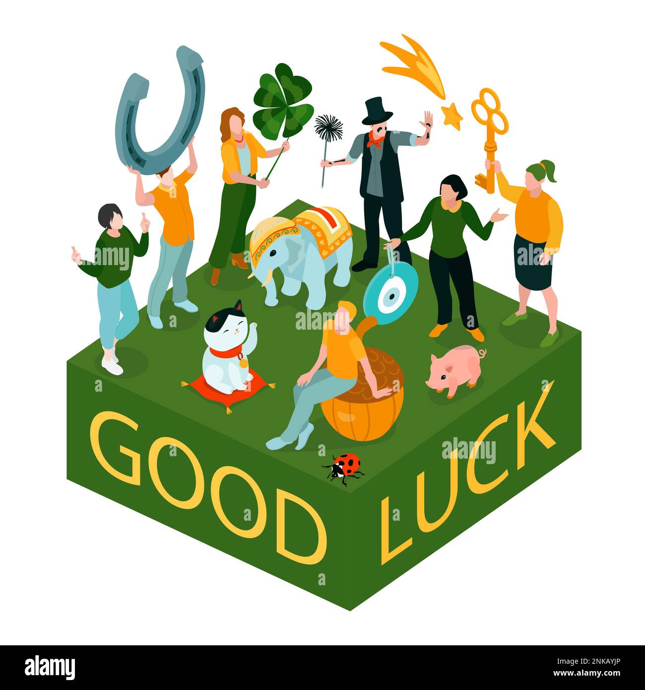 Isometric good luck symbols composition with isolated view of square ...