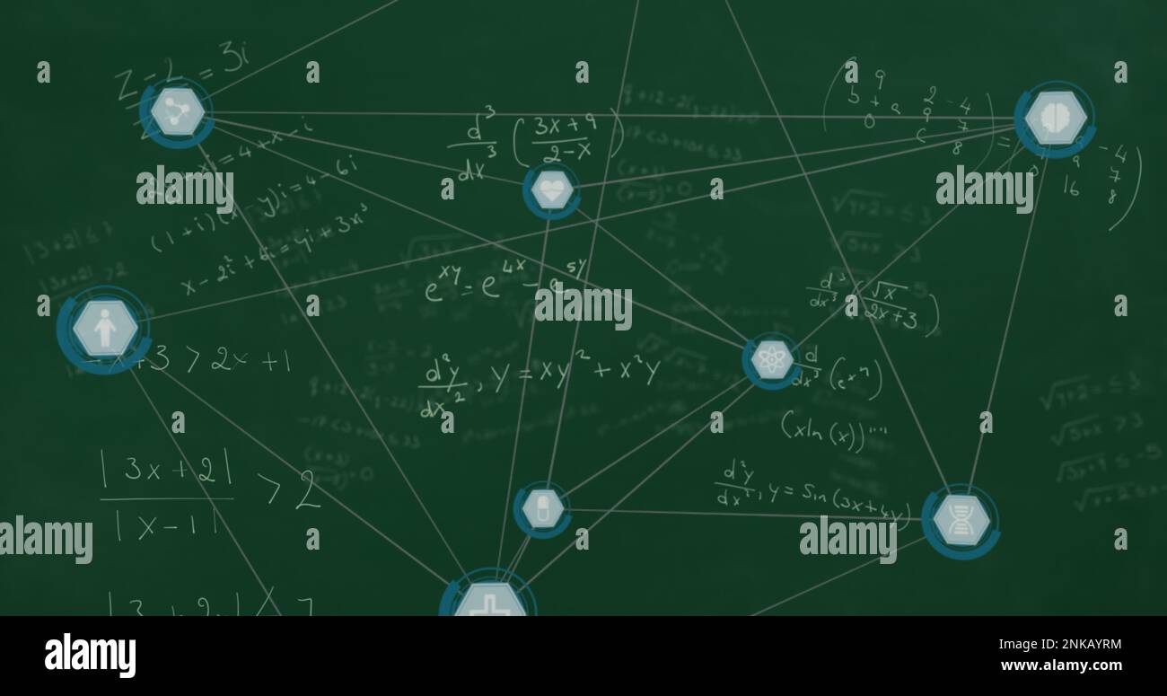Image of network of connections with icons over mathematical equations ...