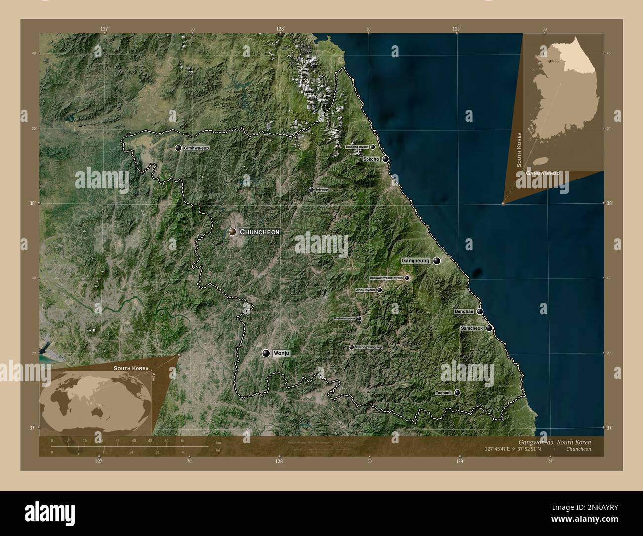 Gangwon-do, province of South Korea. Low resolution satellite map ...