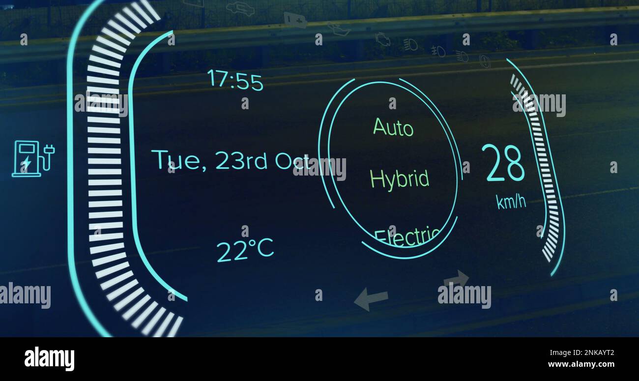Image of interface with charging battery icon and speedometer over road Stock Photo - Alamy