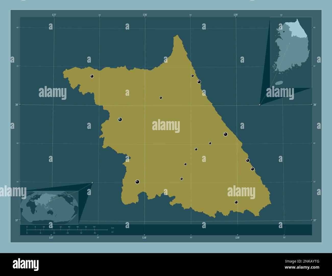 Gangwon-do, province of South Korea. Solid color shape. Locations of ...