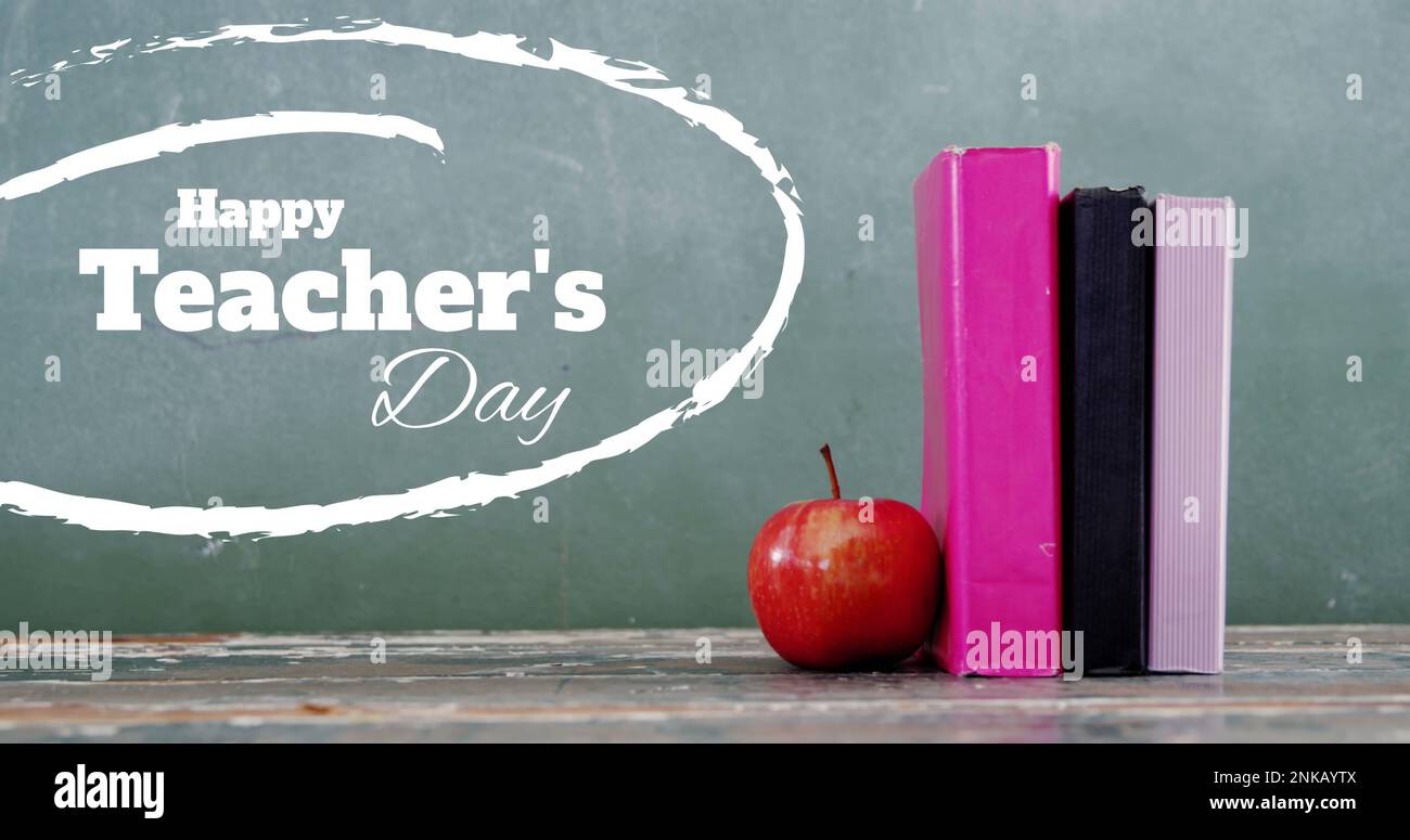 Image of happy teachers day text over books and apple Stock Photo - Alamy