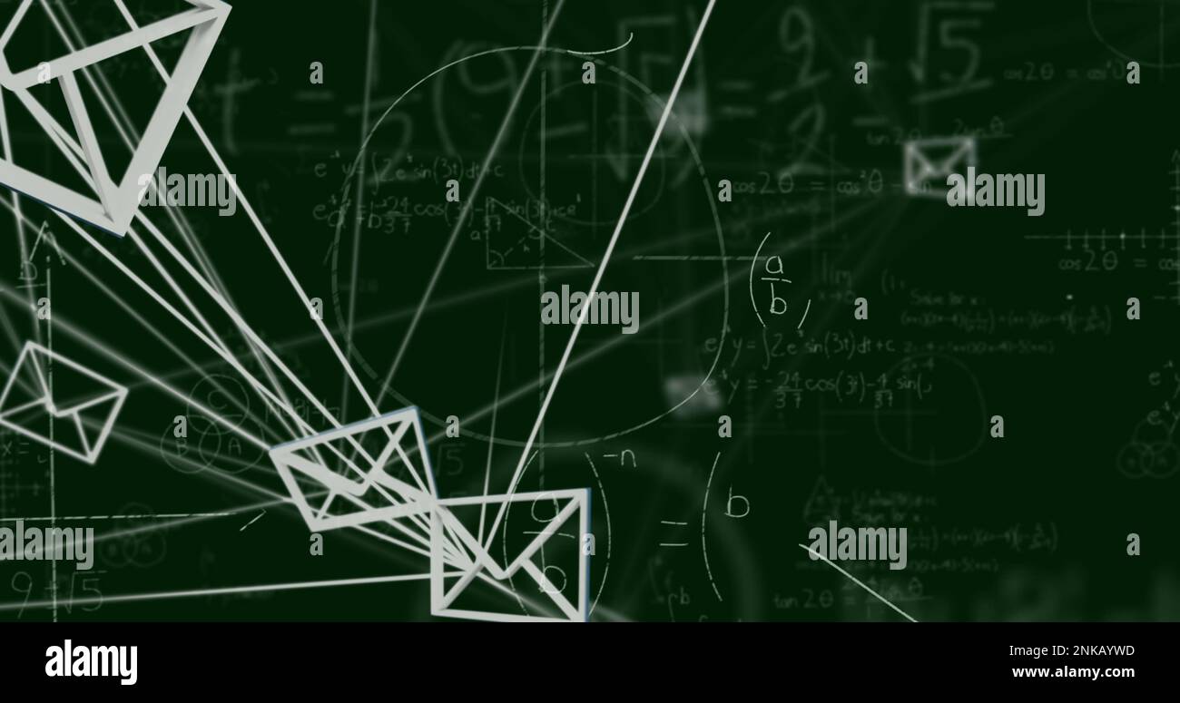 Image of network of connections with icons over mathematical equations ...
