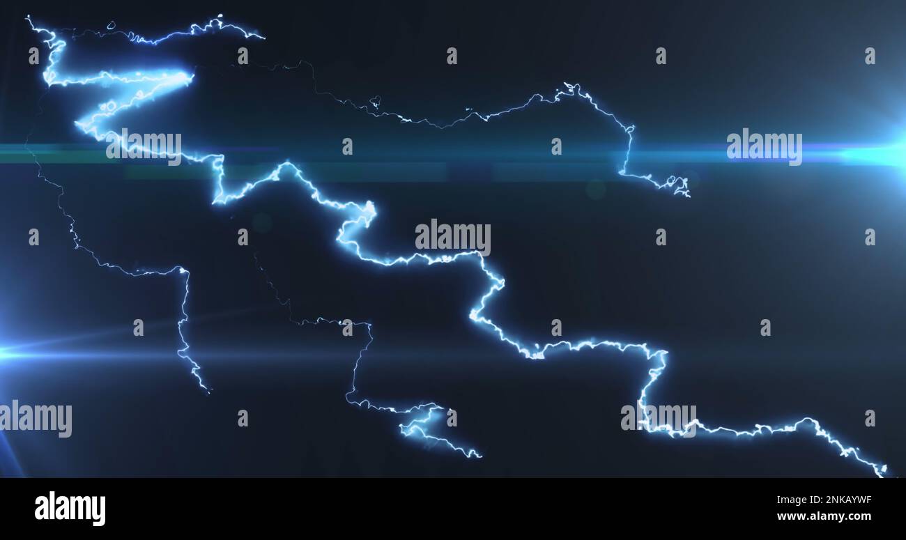 Image of glowing blue lightning flashes and white beam of light on dark ...