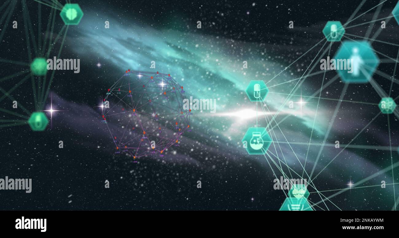 Image of interface with medical icons network of connections spinning ...