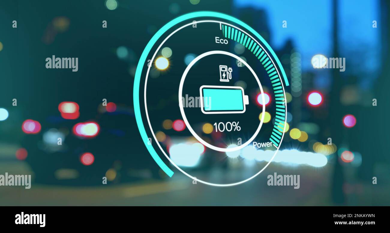 Image of interface with charging battery icon and speedometer over road Stock Photo - Alamy