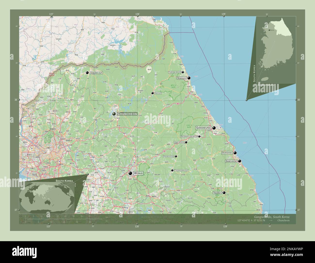 Gangwon-do, province of South Korea. Open Street Map. Locations and ...