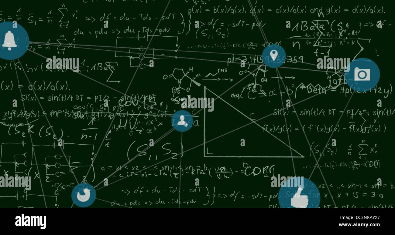 Image of network of connections with icons over mathematical equations ...