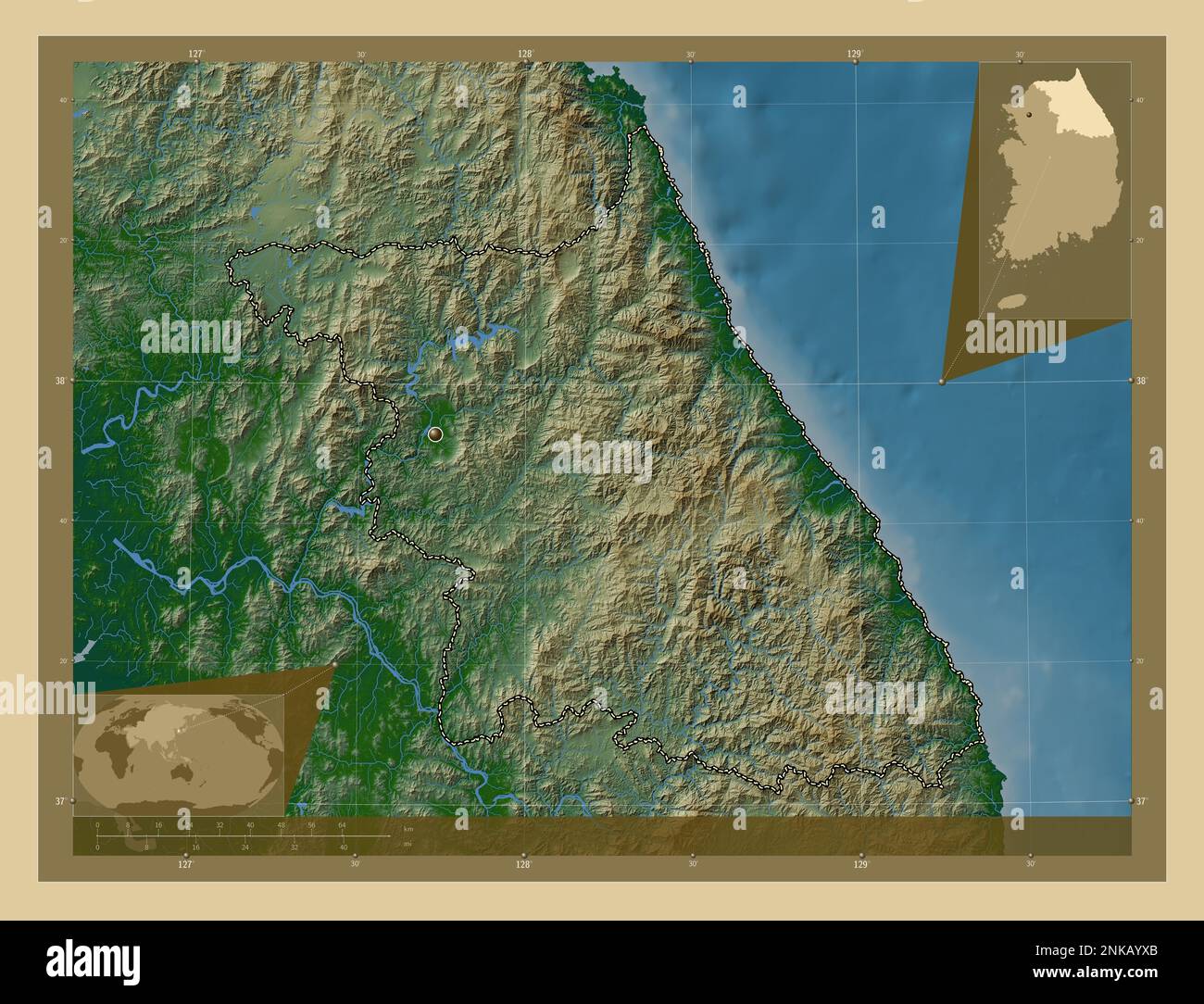 Gangwon-do, province of South Korea. Colored elevation map with lakes ...
