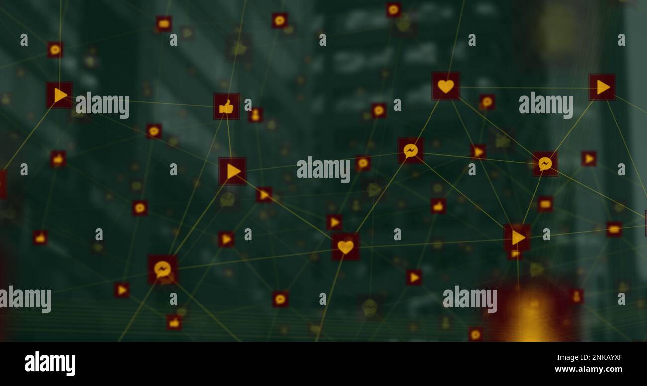 Image of network of digital icons floating against aerial view of tall ...