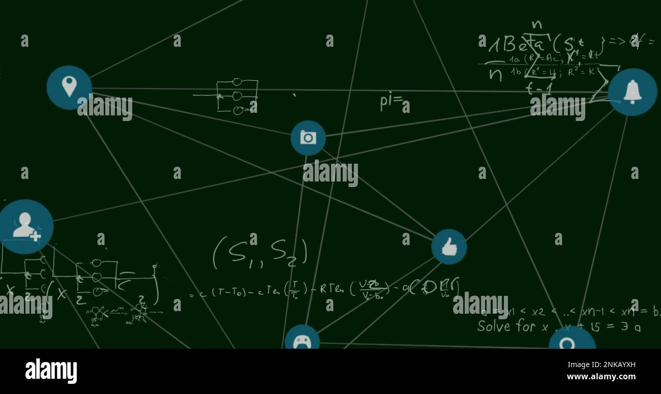 Image of network of connections with icons over mathematical equations ...