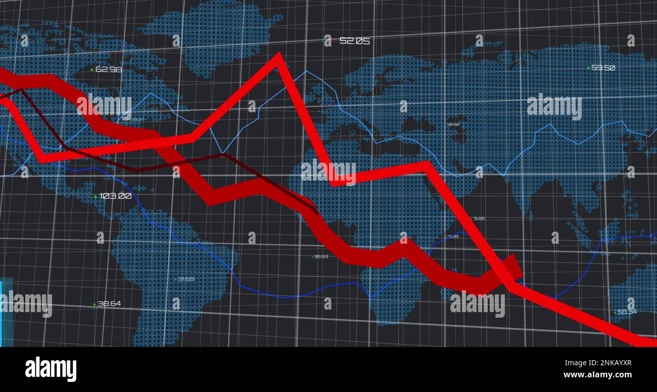 Image of red and blue graphs forming with a grid over a world map with ...