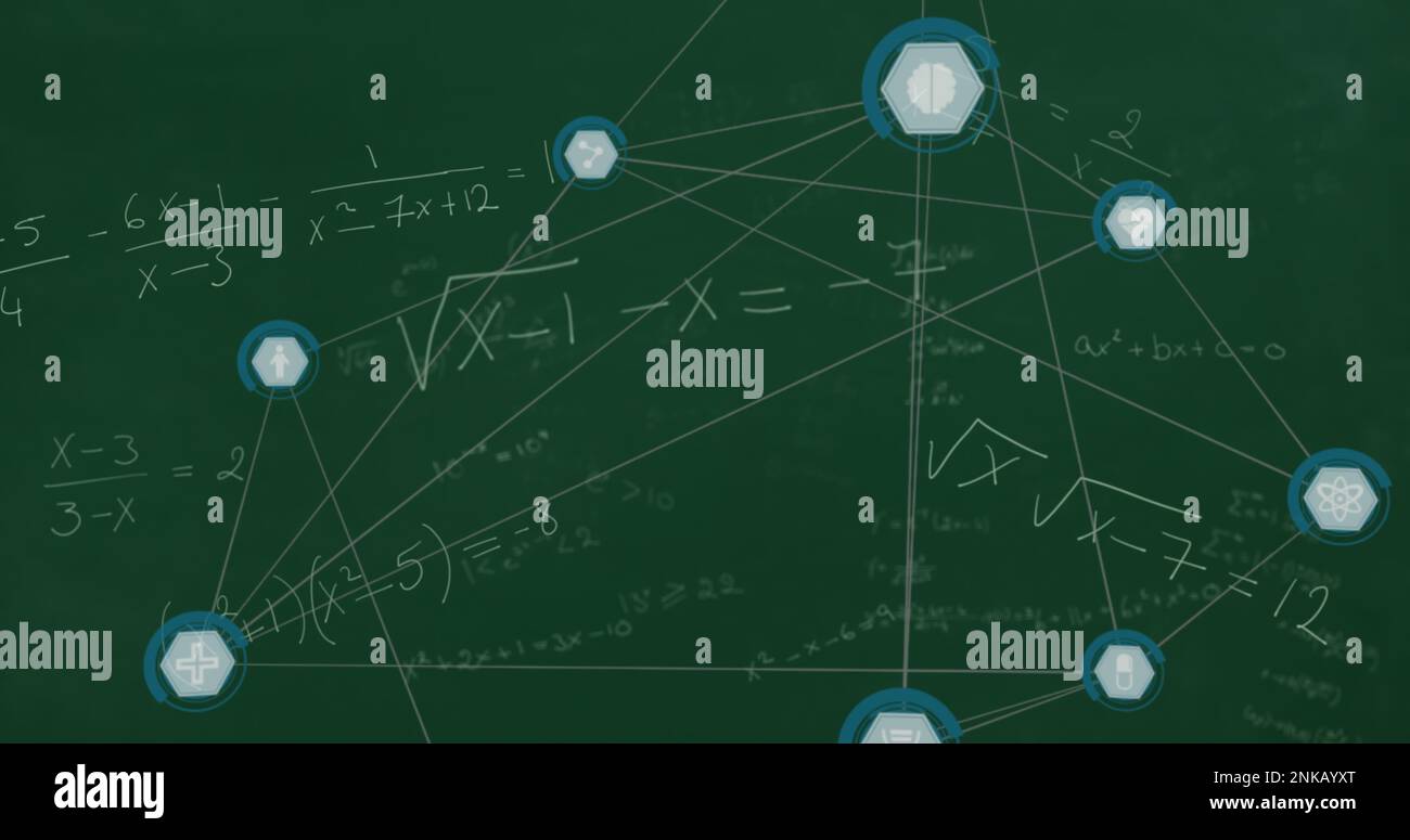 Image of network of connections with icons over mathematical equations ...