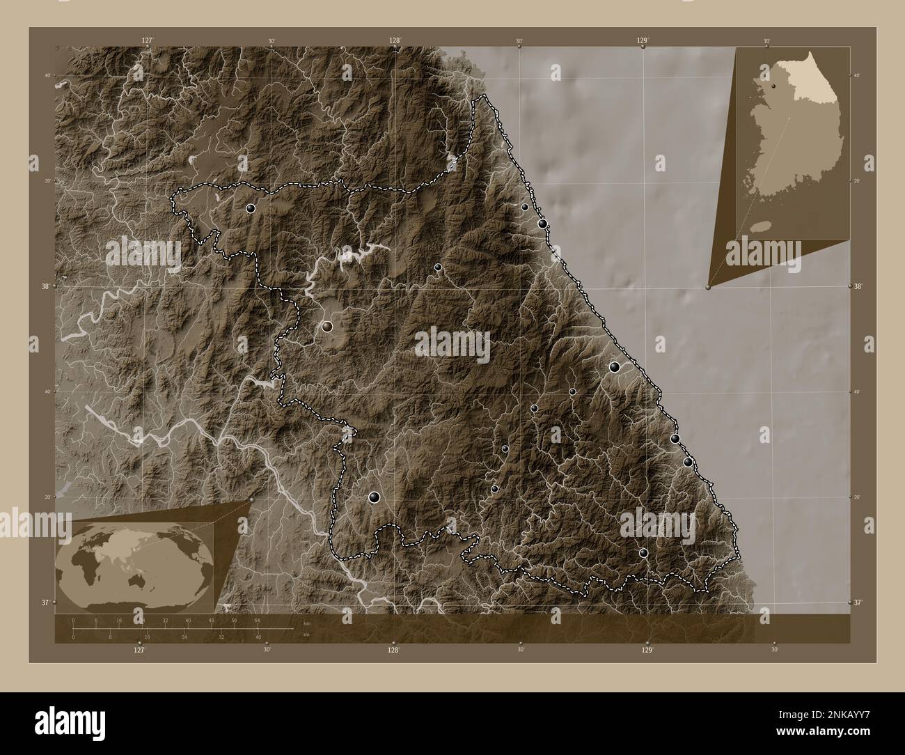 Gangwon-do, province of South Korea. Elevation map colored in sepia ...