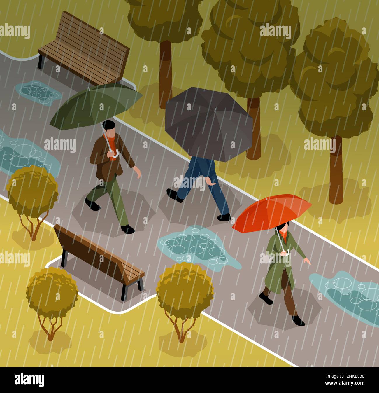 Isometric storm weather colored concept people walk through the park ...