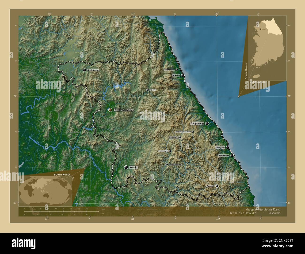 Gangwon-do, province of South Korea. Colored elevation map with lakes ...