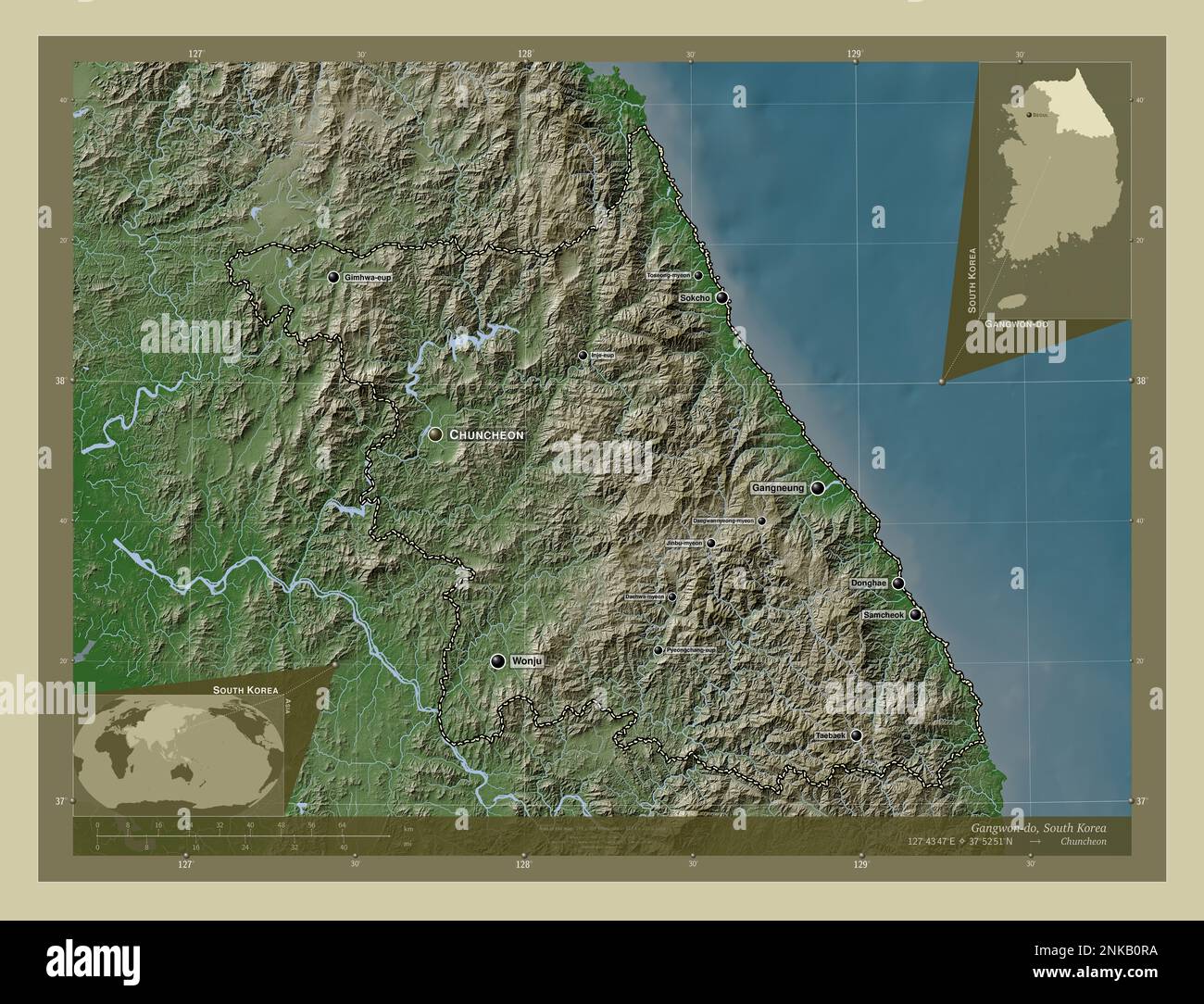 Gangwon-do, province of South Korea. Elevation map colored in wiki ...