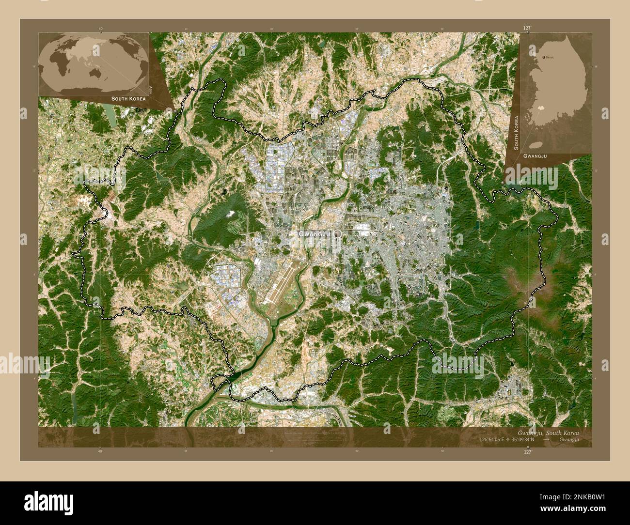 Gwangju, metropolitan city of South Korea. Low resolution satellite map ...