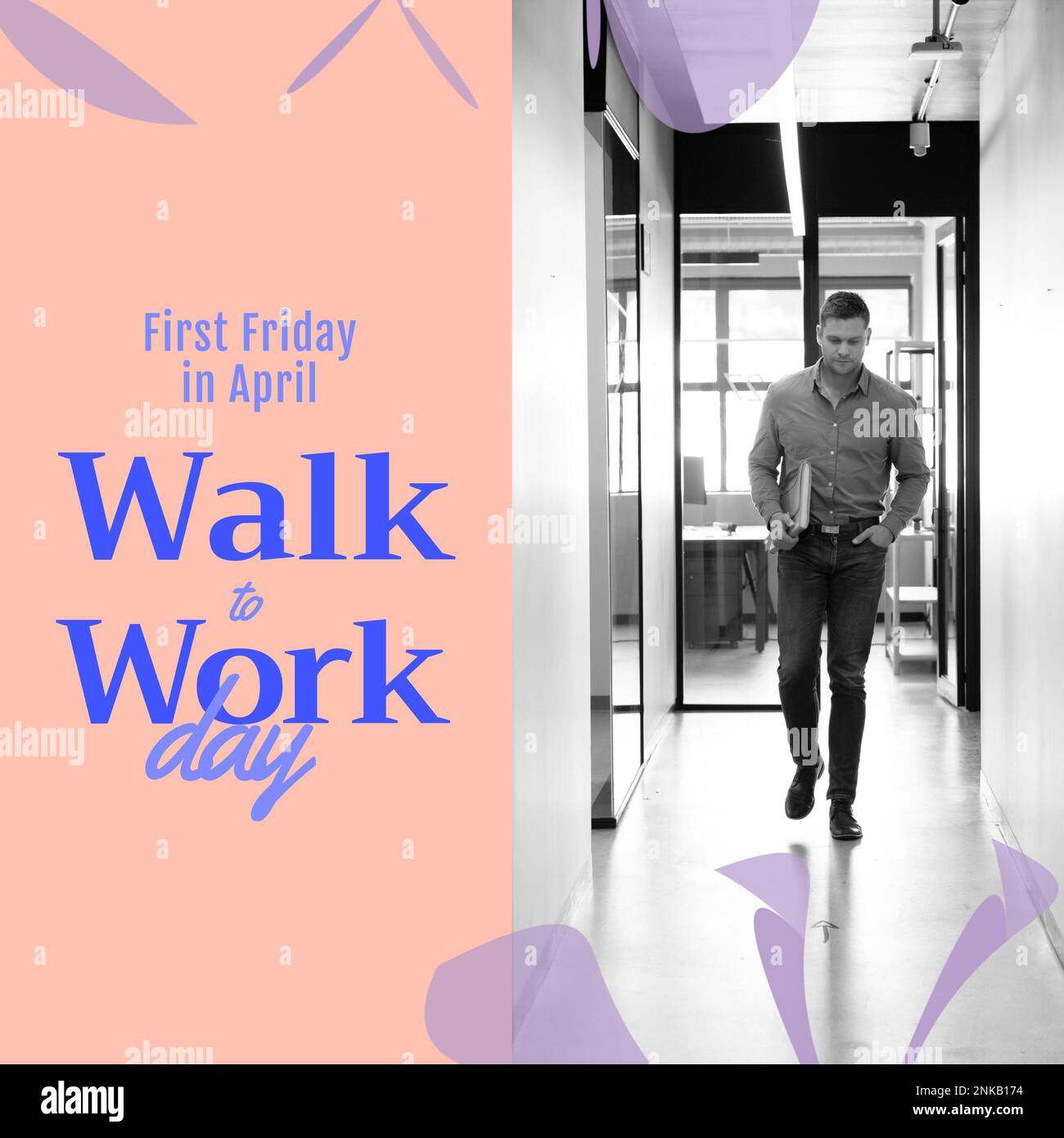 First friday in april, walk to work day text and caucasian businessman ...