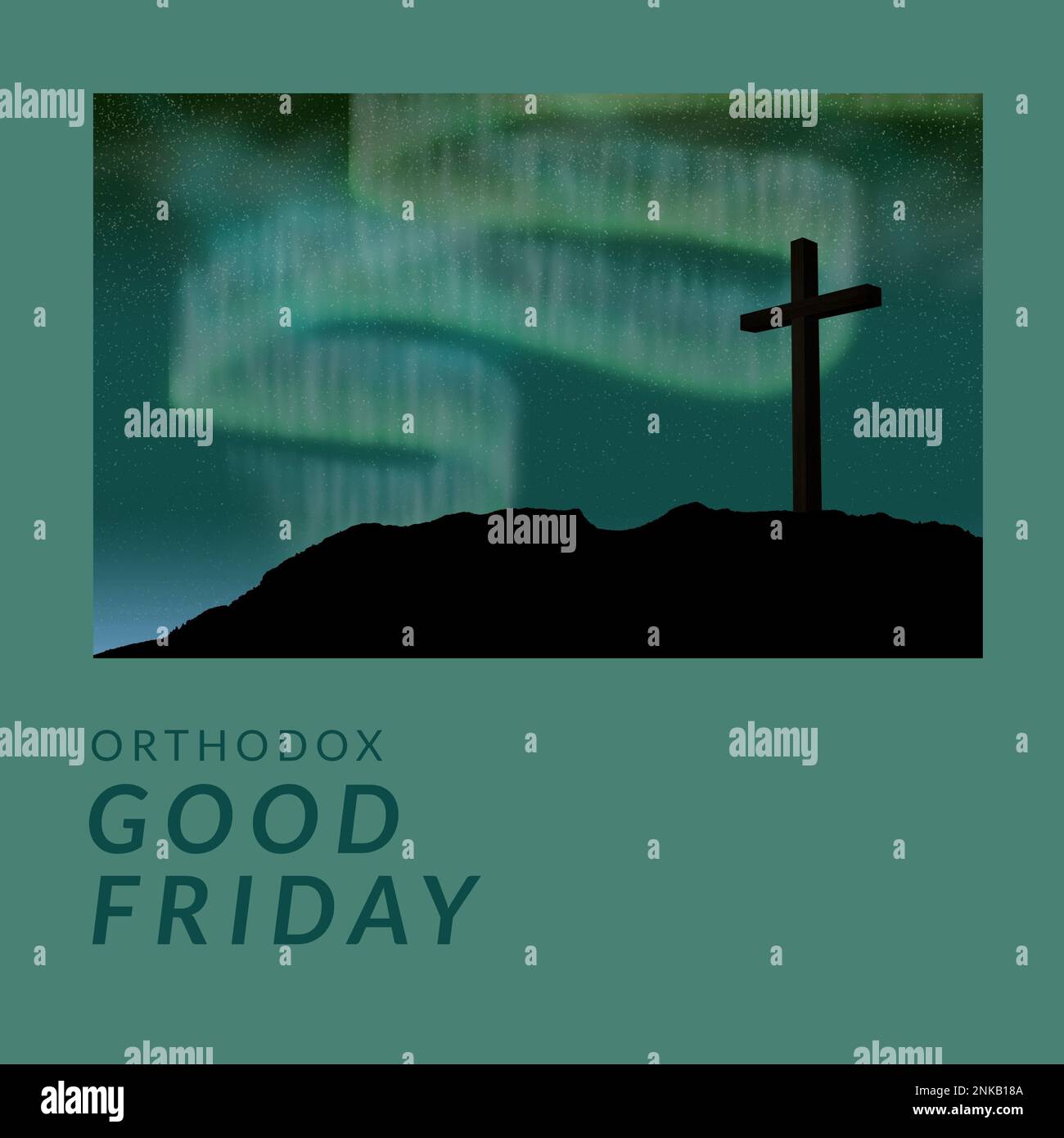 Composite of orthodox good friday text and cross on rock against star ...