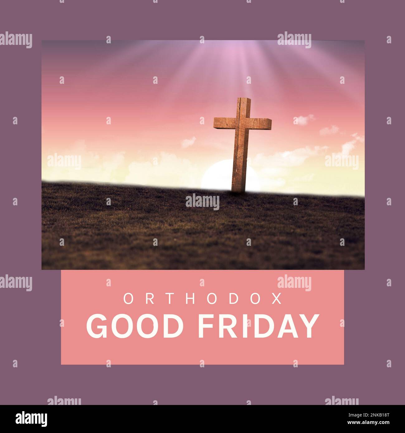 Composite of orthodox good friday text and wooden cross on land with ...
