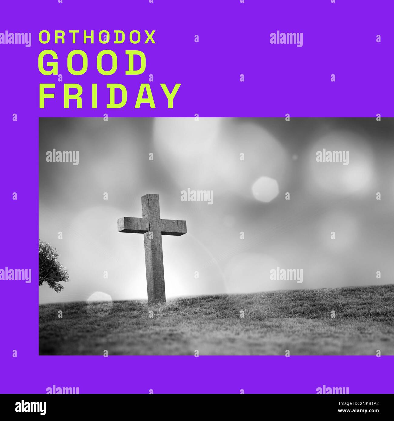 Composite of cross on land against sky and orthodox good friday text on ...