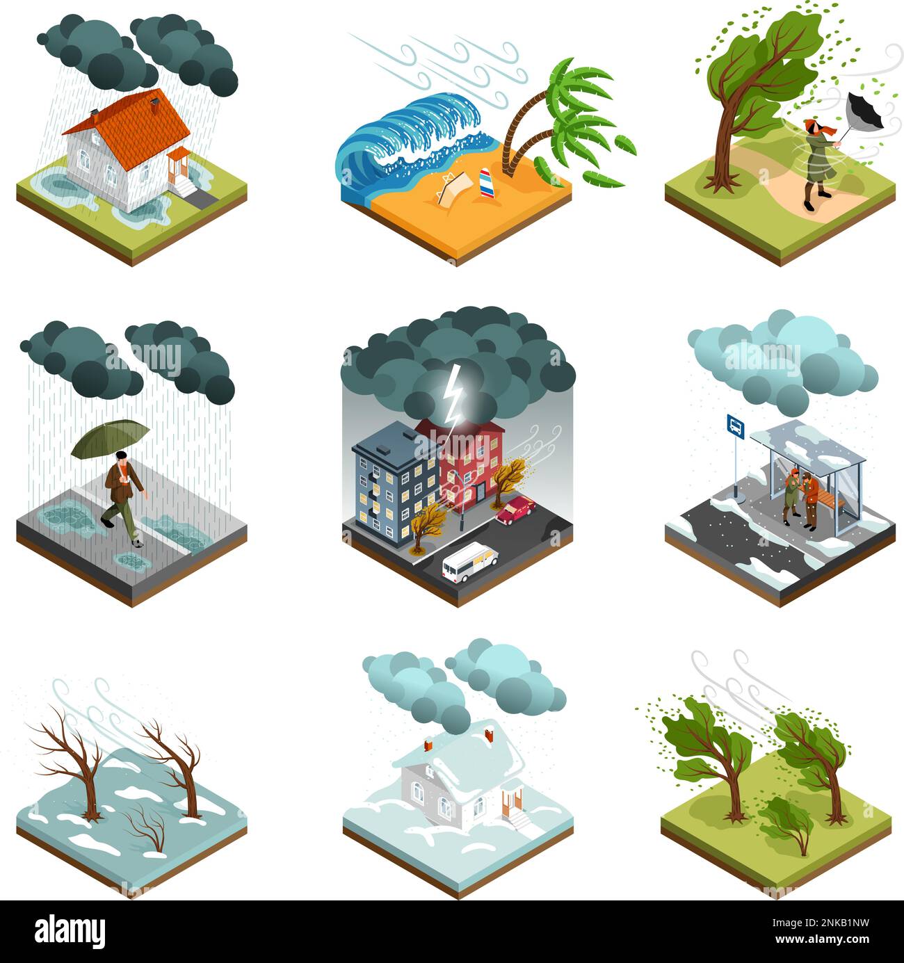 Isometric storm weather icon set nine isolates with different weather ...